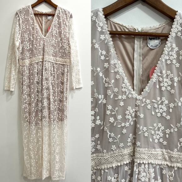 ARULA | Dresses | Arula Cream Floral Lace Nude Underlay Maxi Dress ...